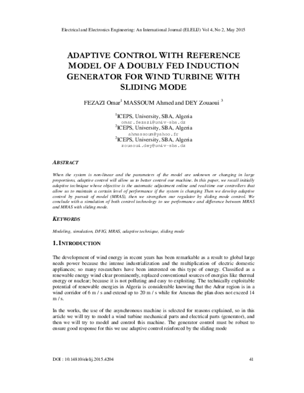 Pdf Adaptive Control With Reference Model Of A Doubly Fed Induction Generator For Wind Turbine
