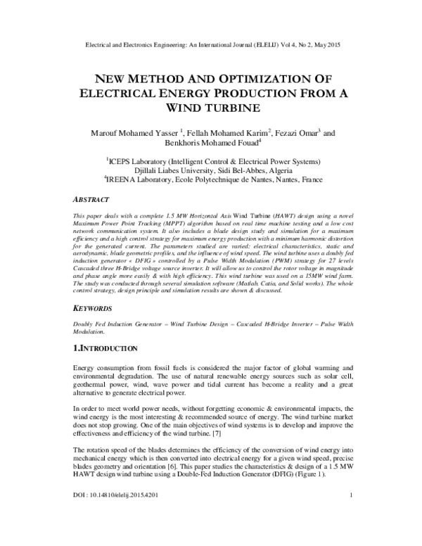 (PDF) New Method and Optimization of Electrical Energy Production from a Wind Turbine