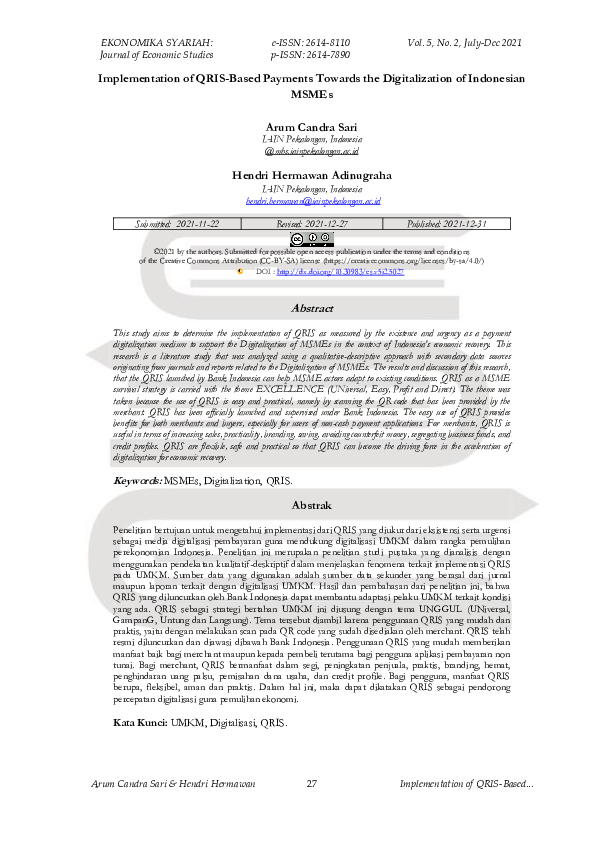 (PDF) Implementation of QRIS-Based Payments Towards the Digitalization of Indonesian MSMEs