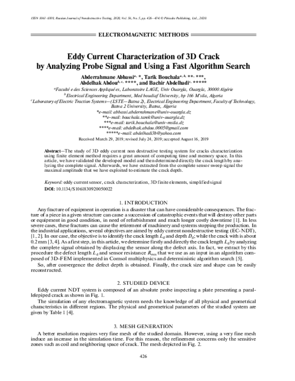 (PDF) Eddy Current Characterization of 3D Crack by Analyzing Probe Signal and Using a Fast ...