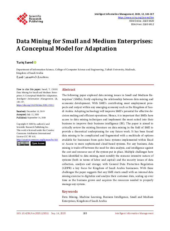 (PDF) Data Mining for Small and Medium Enterprises: A Conceptual Model for Adaptation