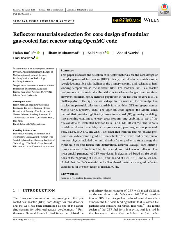 (PDF) Reflector materials selection for core design of modular gas‐cooled fast reactor using ...