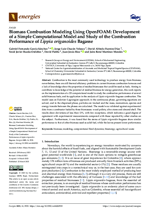 (PDF) Combustion Model for Lippia origanoides Bagasse (PDF) Combustion Model for Lippia origanoides Bagasse