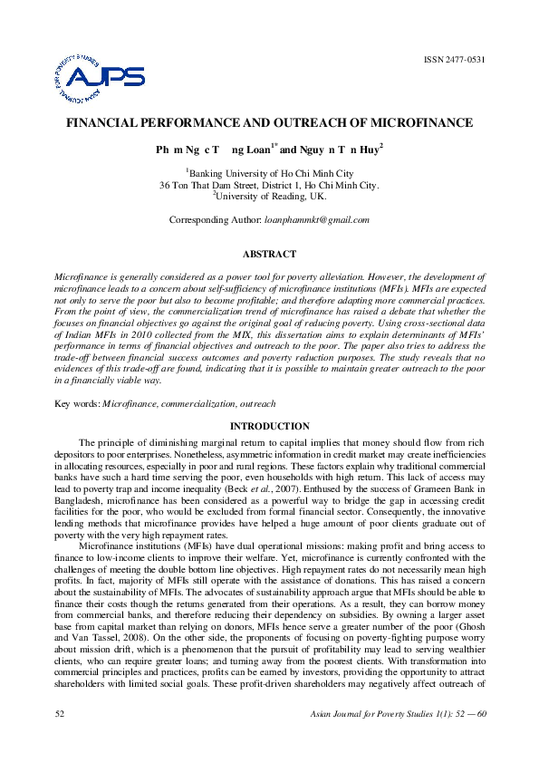 (PDF) Financial Performance and Outreach of Microfinance