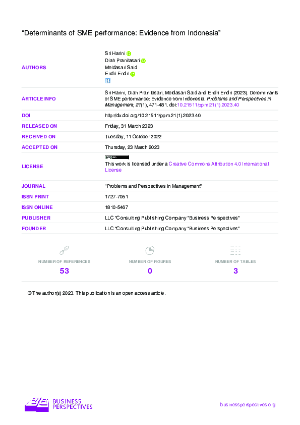 (PDF) Determinants of SME performance: Evidence from Indonesia