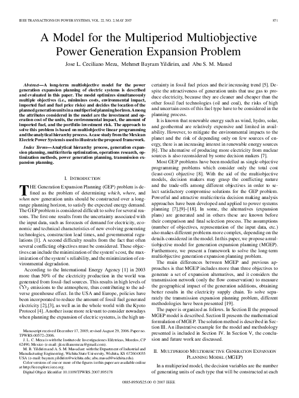 (PDF) A Model for the Multiperiod Multiobjective Power Generation Expansion Problem