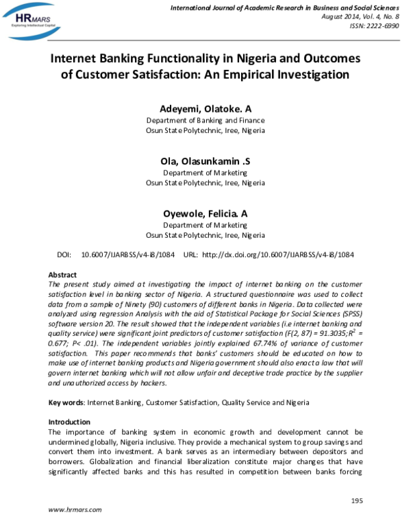 (PDF) Internet Banking Functionality in Nigeria and Outcomes of Customer Satisfaction: An ...