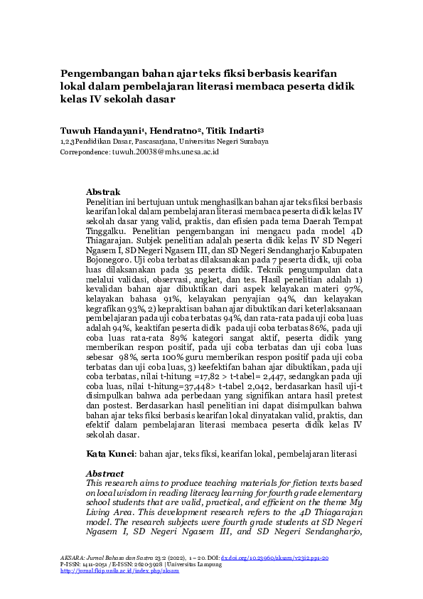 (PDF) Pengembangan bahan ajar teks fiksi berbasis kearifan lokal dalam pembelajaran literasi ...
