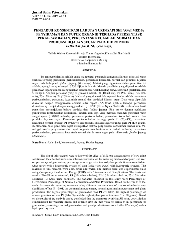 (PDF) Pengaruh konsentrasi larutan urin sapi sebagai media penyiraman dan pupuk organik terhadap ...