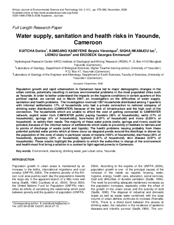 (PDF) Water supply, sanitation and health risks in Yaounde, Cameroon