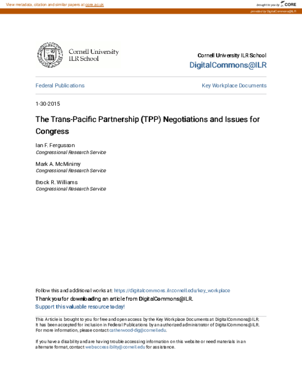 (PDF) The Trans-Pacific Partnership (TPP) Negotiations and Issues for ...