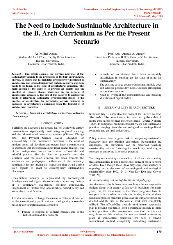 (PDF) The Need to Include Sustainable Architecture in the B. Arch ...