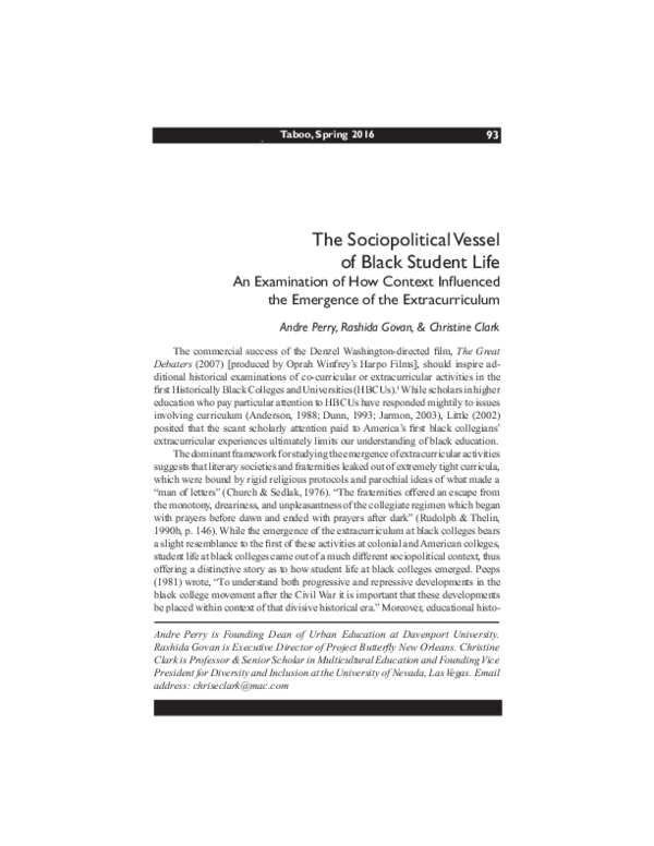 (PDF) The Sociopolitical Vessel of Black Student Life: An Examination ...