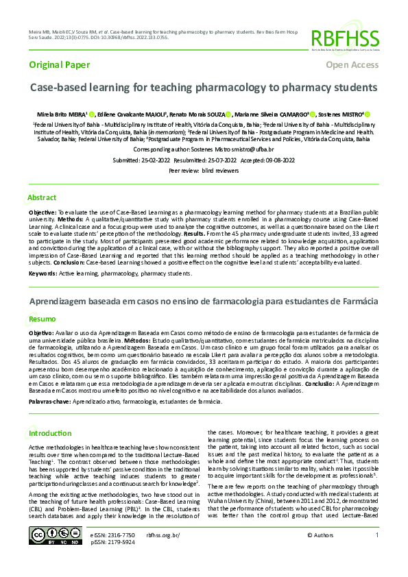 (PDF) Case-based learning for teaching pharmacology to pharmacy ...