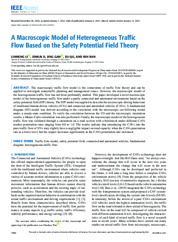 (PDF) A Macroscopic Model of Heterogeneous Traffic Flow Based on the ...