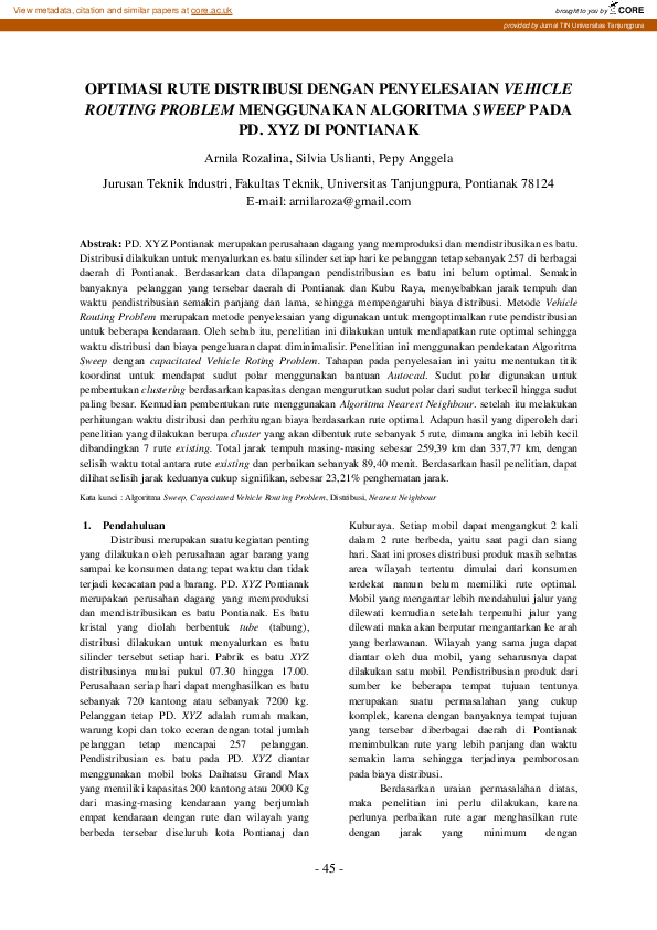 (PDF) Optimasi Rute Distribusi Dengan Penyelesaian Vehicle Routing Problem Menggunakan Algoritma ...