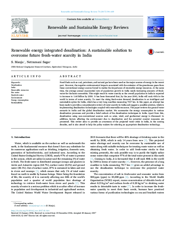 (PDF) Renewable energy integrated desalination: A sustainable solution ...