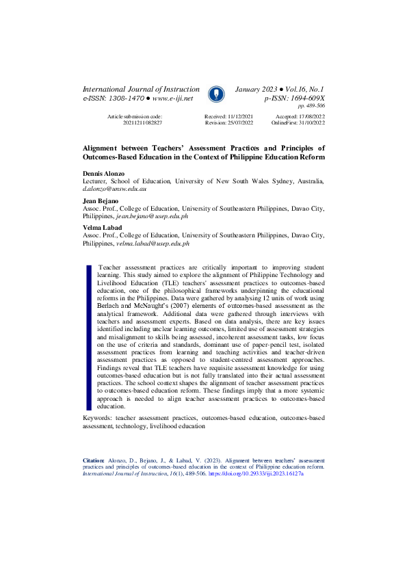 (PDF) Alignment between Teachers’ Assessment Practices and Principles of Outcomes-Based ...