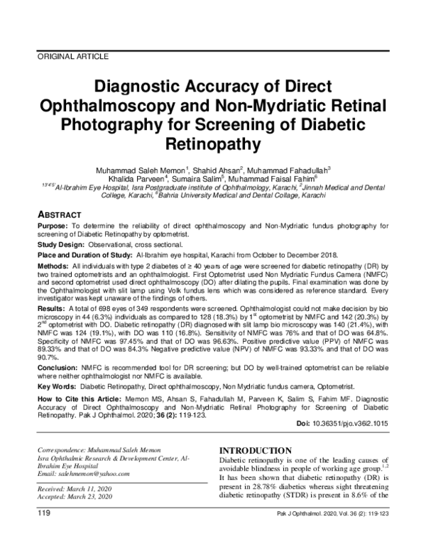 (PDF) Diagnostic accuracy of direct ophthalmoscopy for detection of diabetic retinopathy using ...