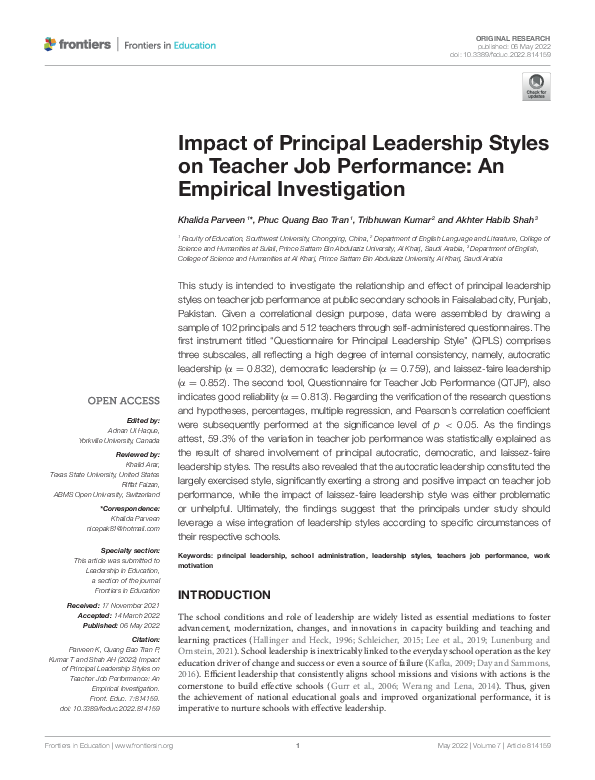 (PDF) Impact of Principal Leadership Styles on Teacher Job Performance ...