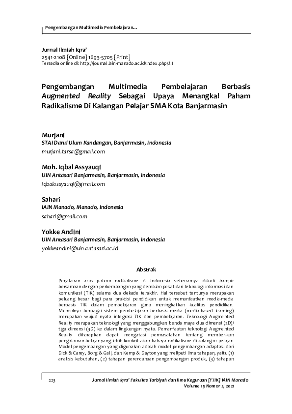 (PDF) Pengembangan Multimedia Pembelajaran Berbasis Augmented Reality Sebagai Upaya Menangkal ...