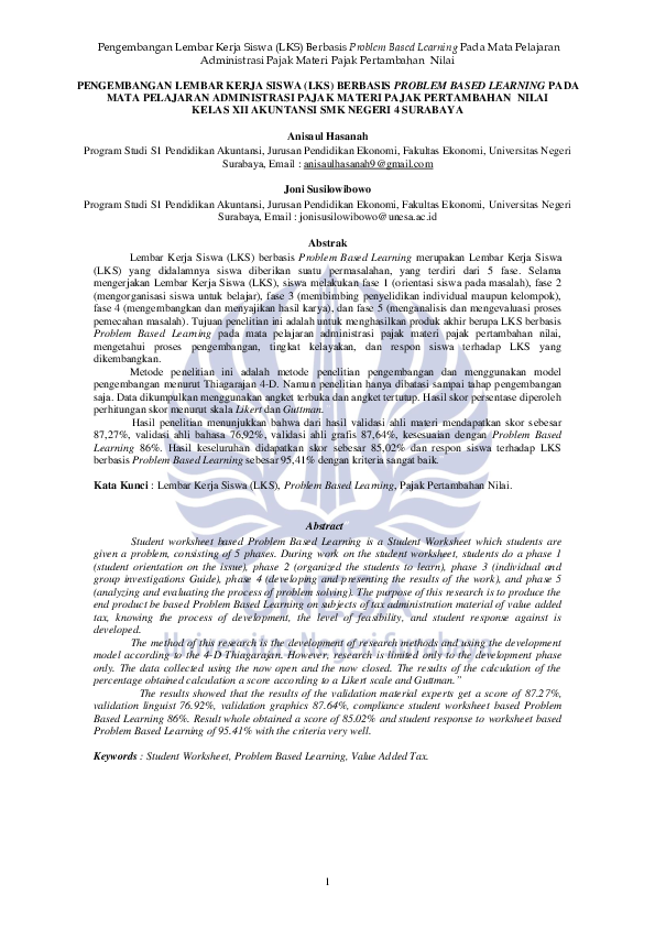 (PDF) Pengembangan Lembar Kerja Siswa (LKS) Berbasis Problem Based Learning Pada” “Mata ...