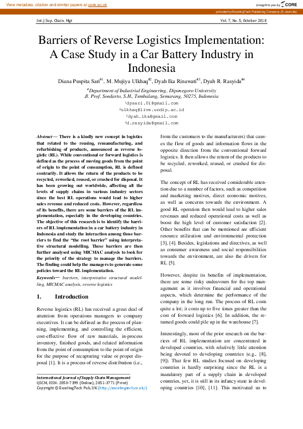 (PDF) Barriers of Reverse Logistics Implementation: A Case Study in a Car Battery Industry in ...