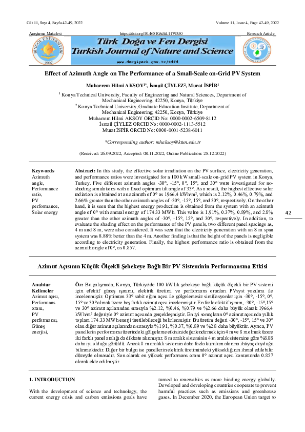 Pdf Effect Of Azimuth Angle On The Performance Of A Small Scale On