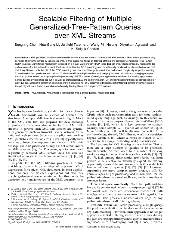 Pdf Scalable Filtering Of Multiple Generalized Tree Pattern Queries Over Xml Streams