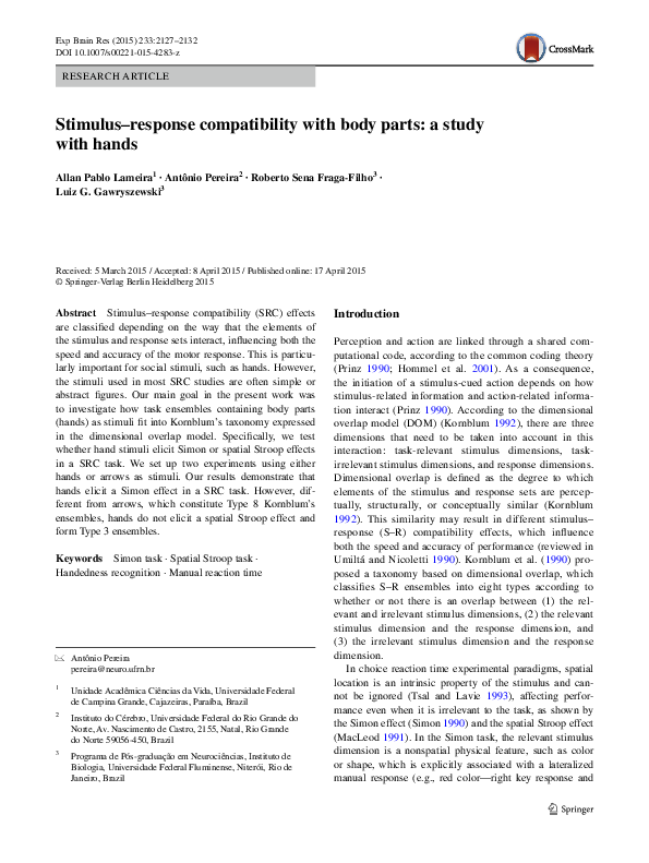 (PDF) Stimulus–response compatibility with body parts: a study with hands