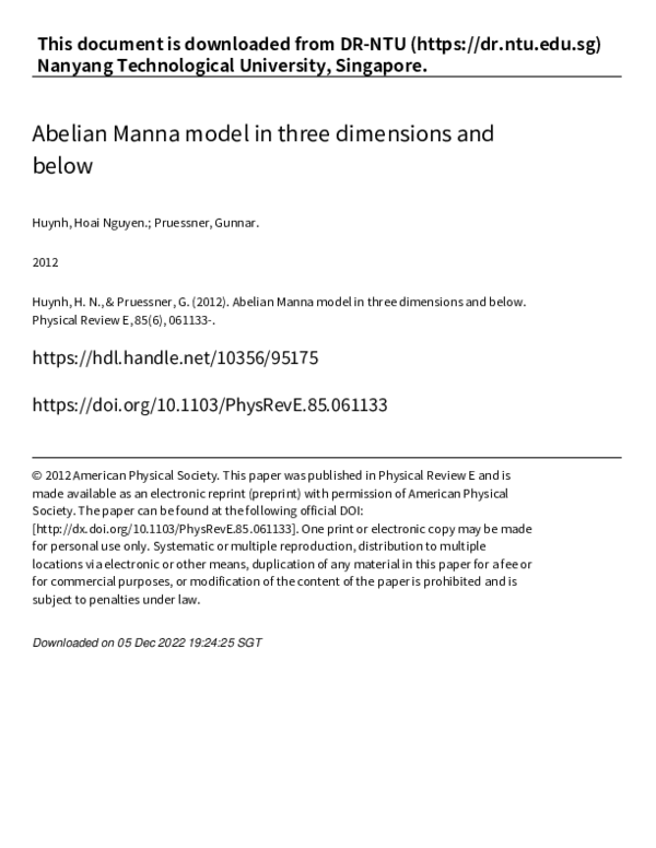 (PDF) Abelian Manna model in three dimensions and below
