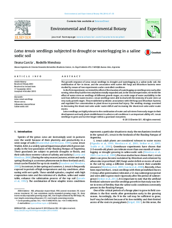 (PDF) Lotus tenuis seedlings subjected to drought or waterlogging in a ...