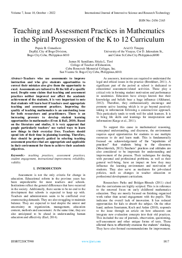 (PDF) Teaching and Assessment Practices in Mathematics in the Spiral Progression of the K to 12 ...