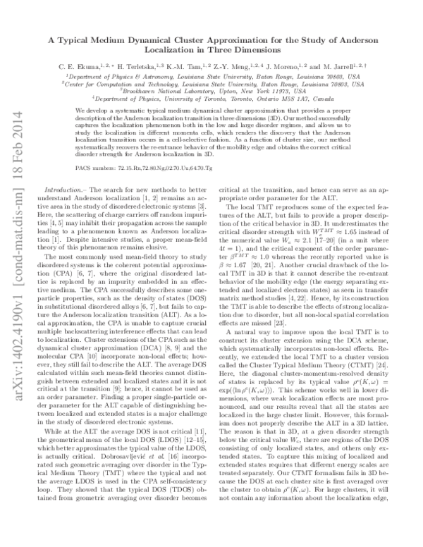 (PDF) Dynamical Cluster Method for 3D Anderson Localization