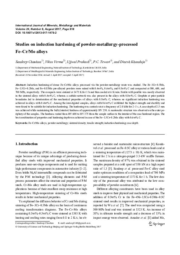 (PDF) Studies on induction hardening of powder-metallurgy-processed Fe–Cr/Mo alloys