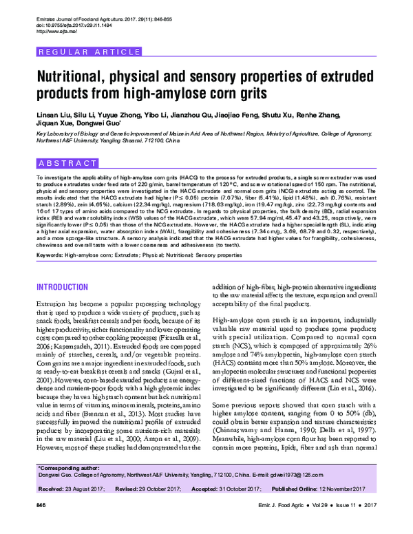 (PDF) Nutritional, physical and sensory properties of extruded products from high-amylose corn ...