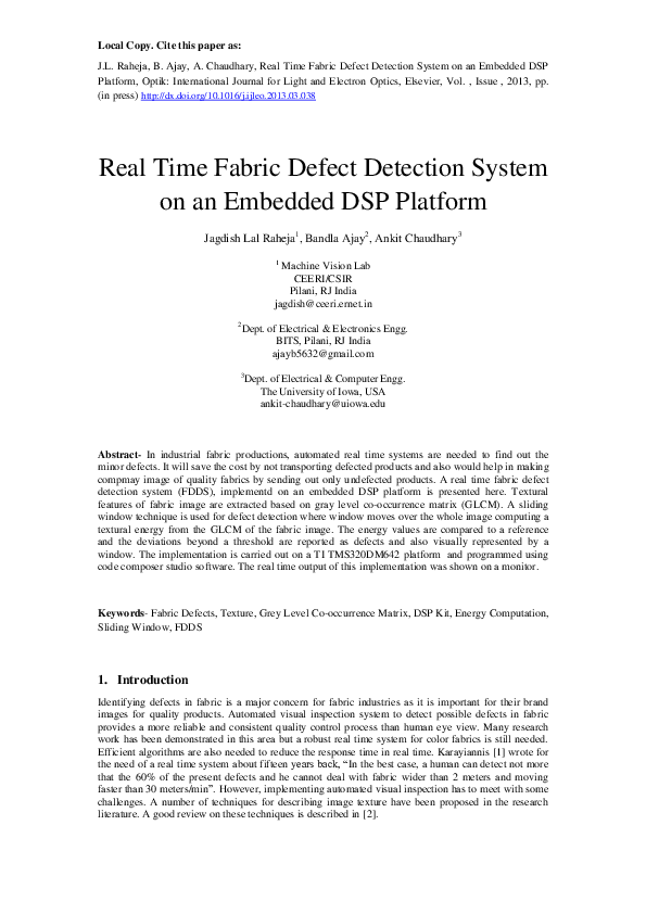 (PDF) Real-Time Fabric Defect Detection on DSP