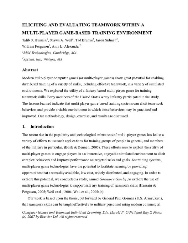 (PDF) Eliciting and evaluating teamwork within a multi-player game-based training environment