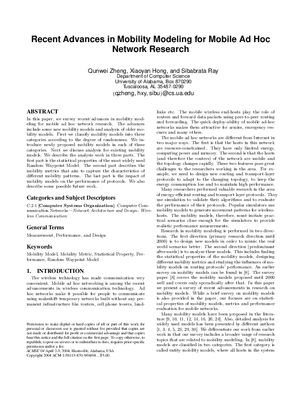 Pdf Recent Advances In Mobility Modeling For Mobile Ad Hoc Network Research