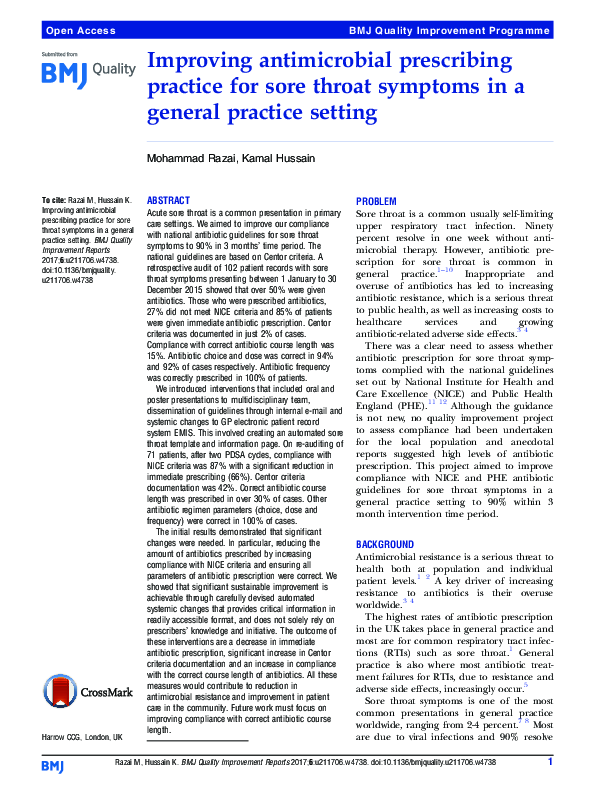 (PDF) Improving antimicrobial prescribing practice for sore throat ... (PDF) Improving antimicrobial prescribing practice for sore throat ...