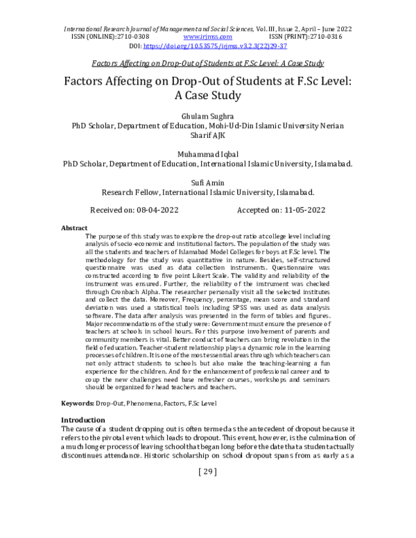 (PDF) Factors Affecting on Drop-Out of Students at F.Sc Level: A Case Study