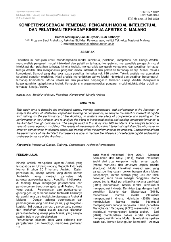 (PDF) Kompetensi Sebagai Pemediasi Pengaruh Modal Intelektual Dan Pelatihan Terhadap Kinerja ...