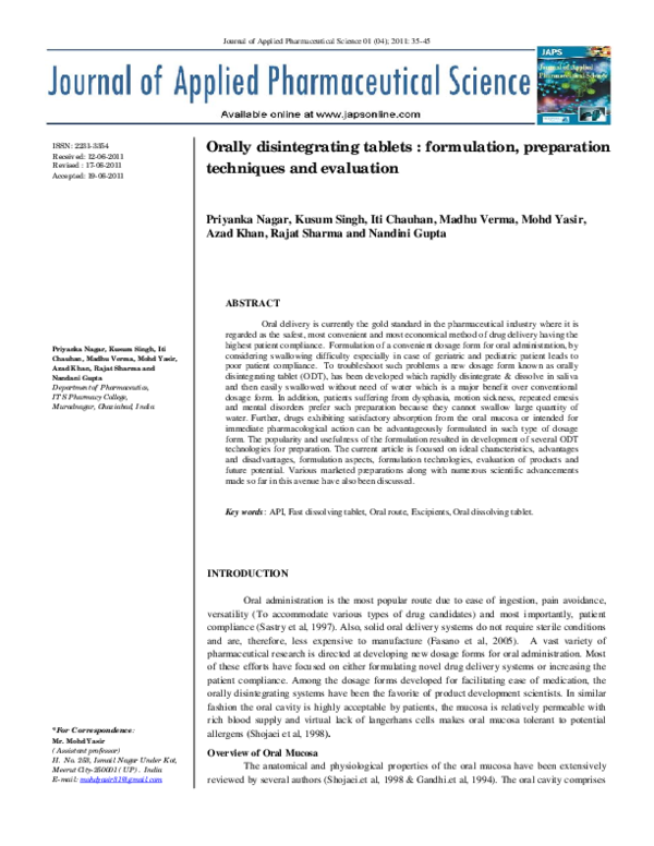 (PDF) Orally disintegrating tablets: formulation, preparation techniques and evaluation