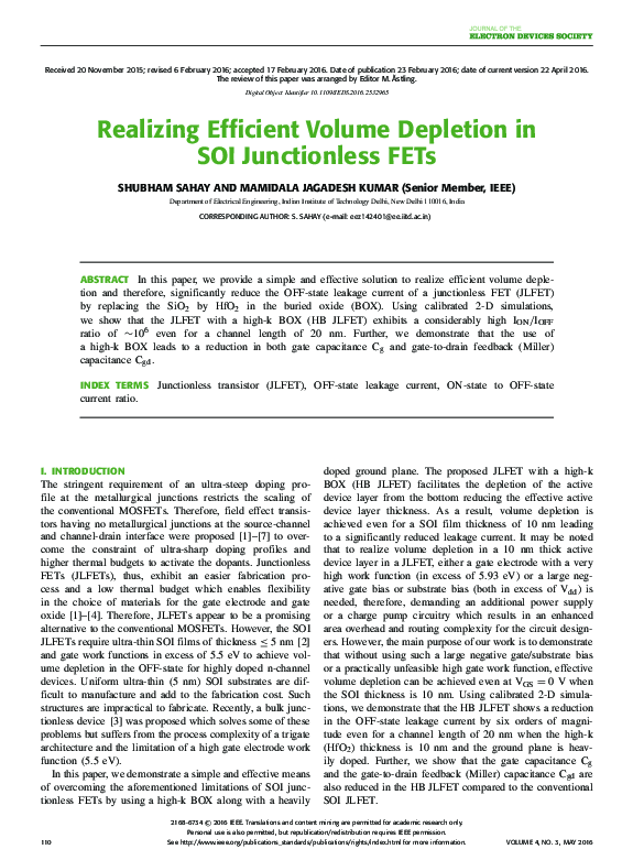 (PDF) Realizing Efficient Volume Depletion in SOI Junctionless FETs