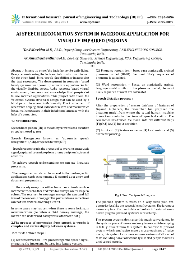 (PDF) Ai Speech Recognition System in Facebook Application for Visually Impaired