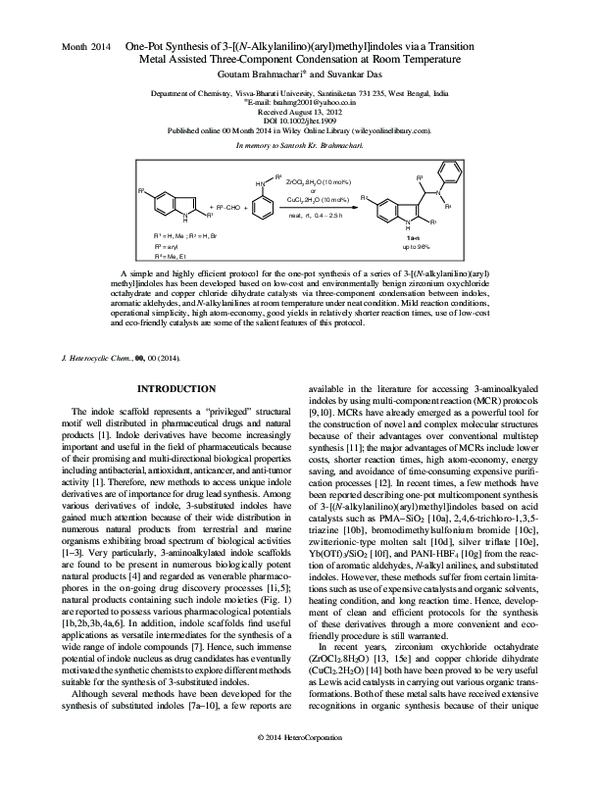 (PDF) One-Pot Synthesis of 3-[(N-Alkylanilino)(aryl)methyl]indoles via ...