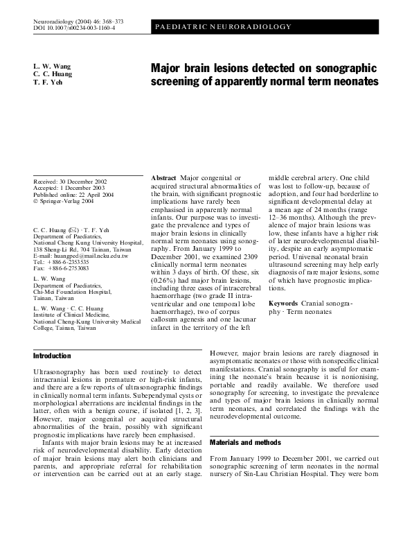 (PDF) Major brain lesions detected on sonographic screening of ...