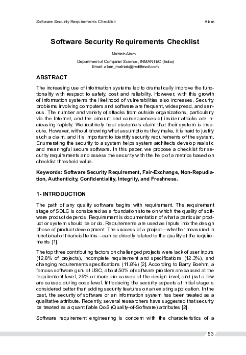 (PDF) Software Security Requirements Checklist