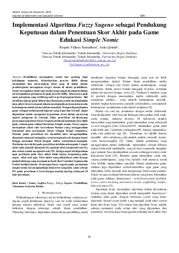 (PDF) Implementasi Algoritma Fuzzy Sugeno sebagai Pendukung Keputusan dalam Penentuan Skor Akhir ...