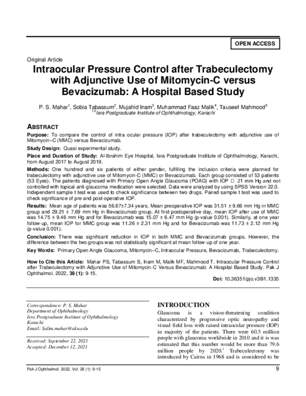 (PDF) Intraocular Pressure Control after Trabeculectomy with Adjunctive ...